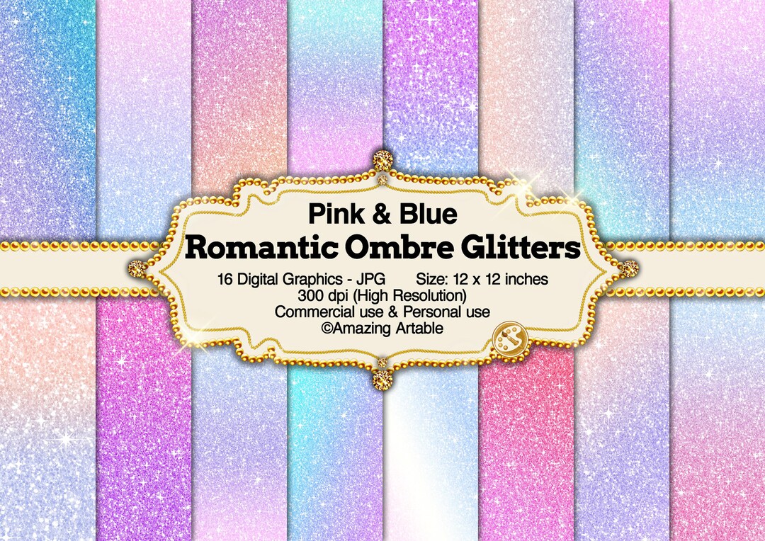 Romantic Ombre Glitters Digital Paper: Sparkling Pink and Blue Ombre Background Pastel ...