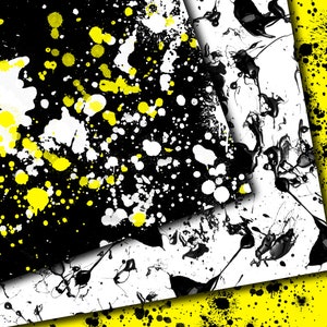 Yellow & Black Paint Splatter Seamless Digital Paper: Black and White ...