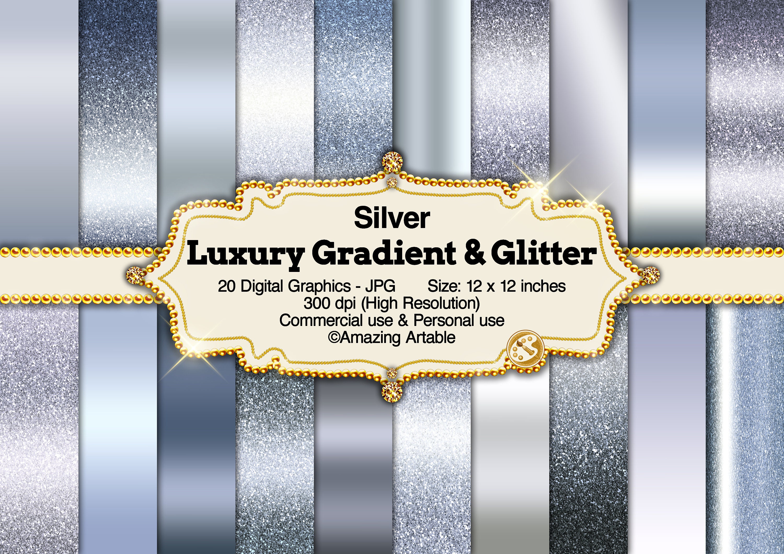 Luxury Silver Gradient & Glitter Digital Paper: High-quality Silver ...