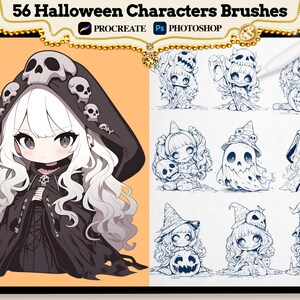 Halloween Chibi Characters Stamp Brushes: 56 Halloween Procreate Brush ...