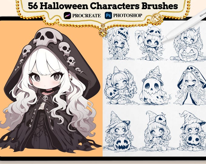 Halloween Chibi Characters Stamp Brushes: 56 Halloween Procreate Brush ...
