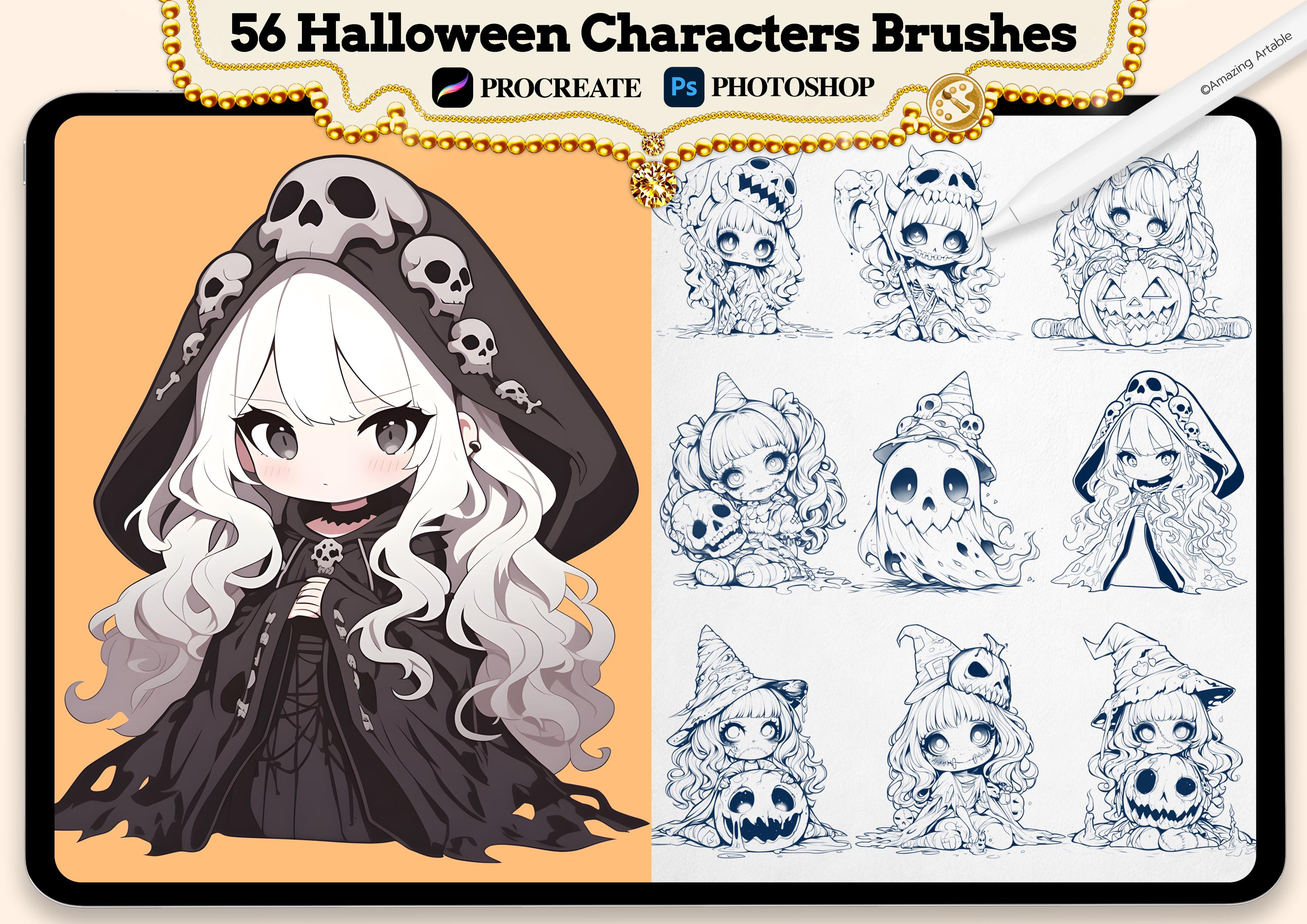 Halloween Chibi Characters Stamp Brushes: 56 Halloween Procreate Brush ...