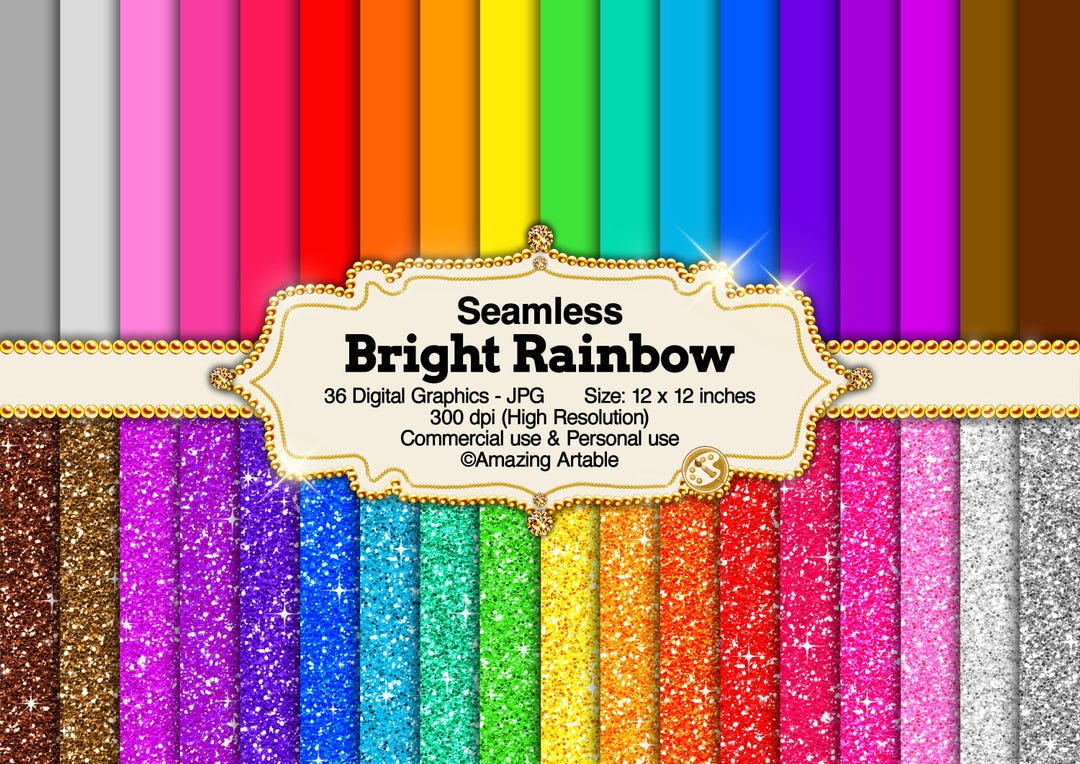 Solids & Glitters Seamless Digital Paper: Bright Rainbow Glitter ...