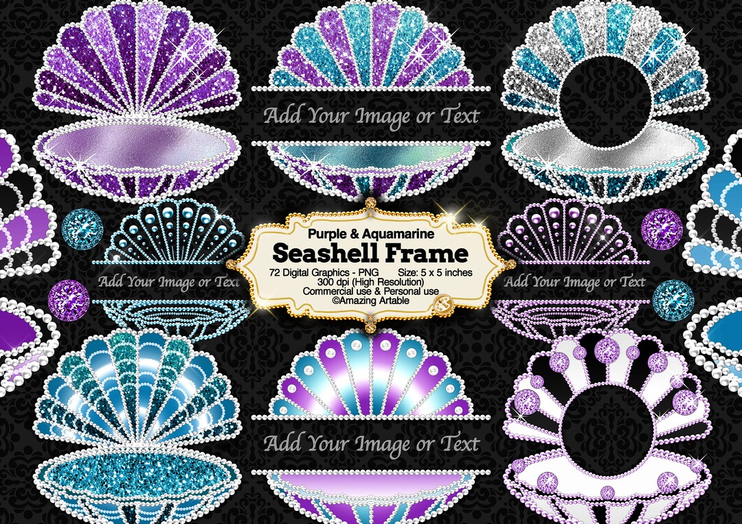 Purple and Aquamarine Seashell Frame Clipart: Sparkle Purple and Blue ...