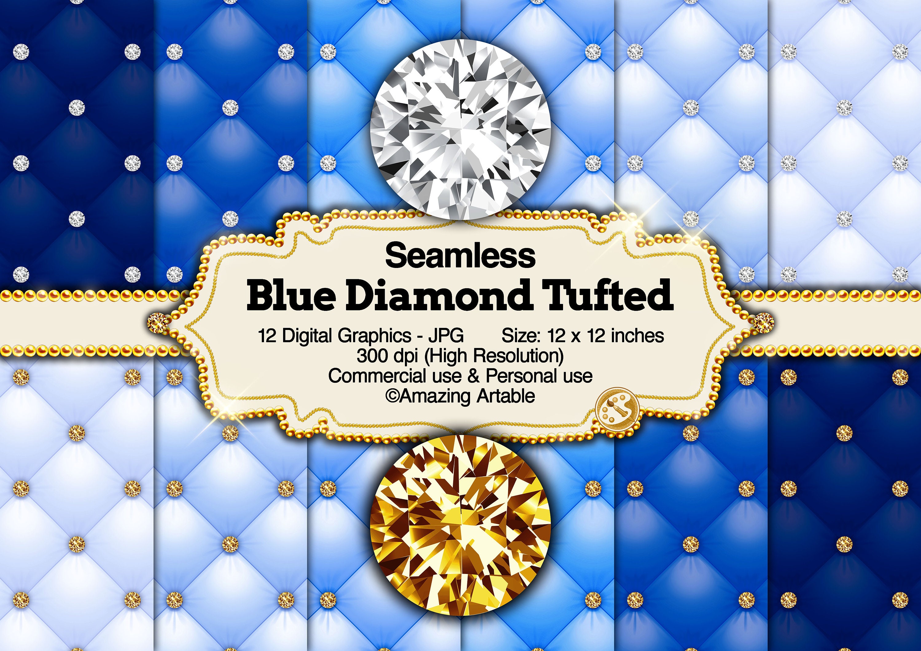 Blue Diamond Tufted Digital Paper: Luxury Seamless Diamond Background ...