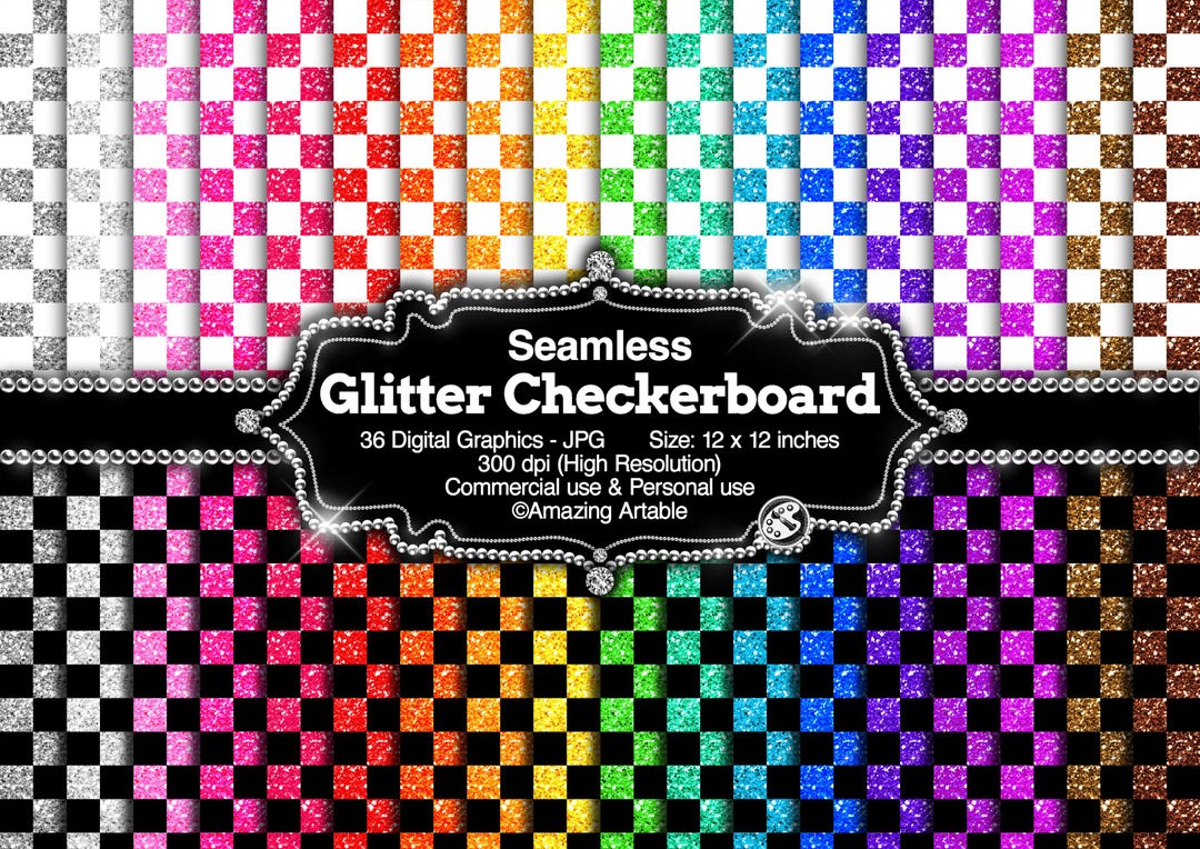 Glitter Checkerboard Seamless Digital Paper: Bright Rainbow Glitter ...