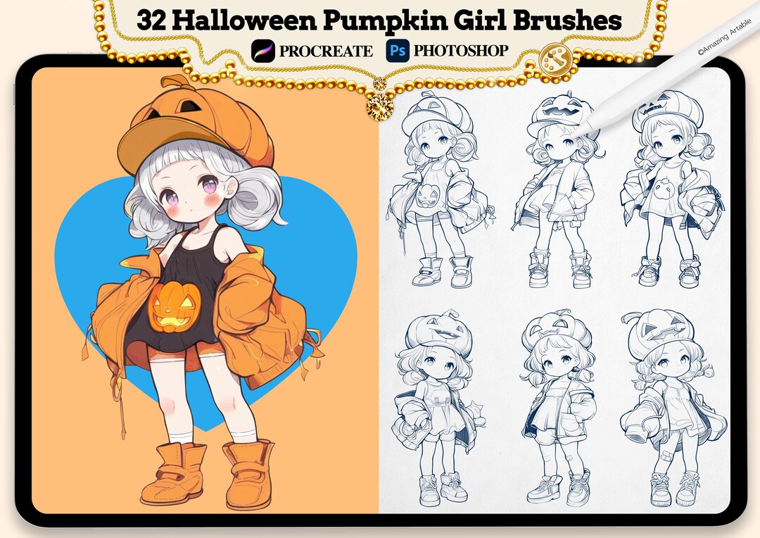 Halloween Pumpkin Girl Stamp Brushes: 32 Halloween Procreate Brush ...