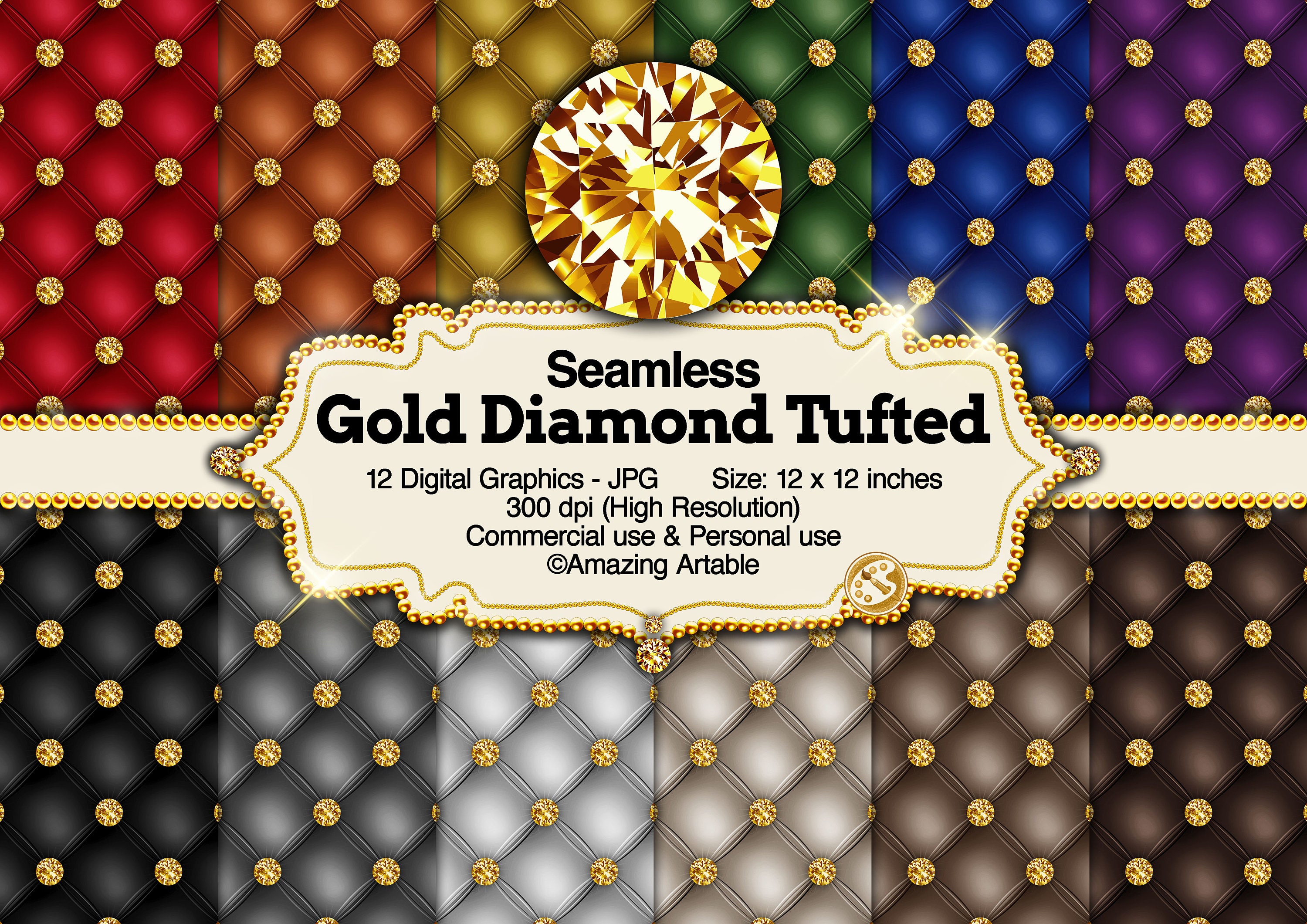 Gold Diamond Tufted Digital Paper: Luxury Seamless Diamond Background ...