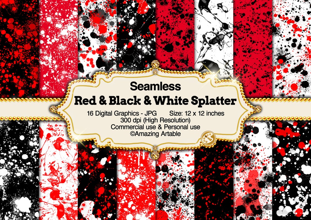 Red & Black Paint Splatter Seamless Digital Paper: Black and White ...