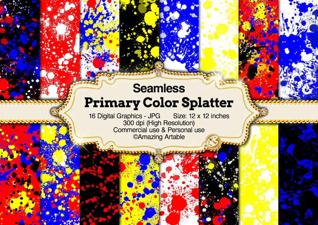 Primary Color Splatter Seamless Digital Paper: Red Yellow Blue Paint ...