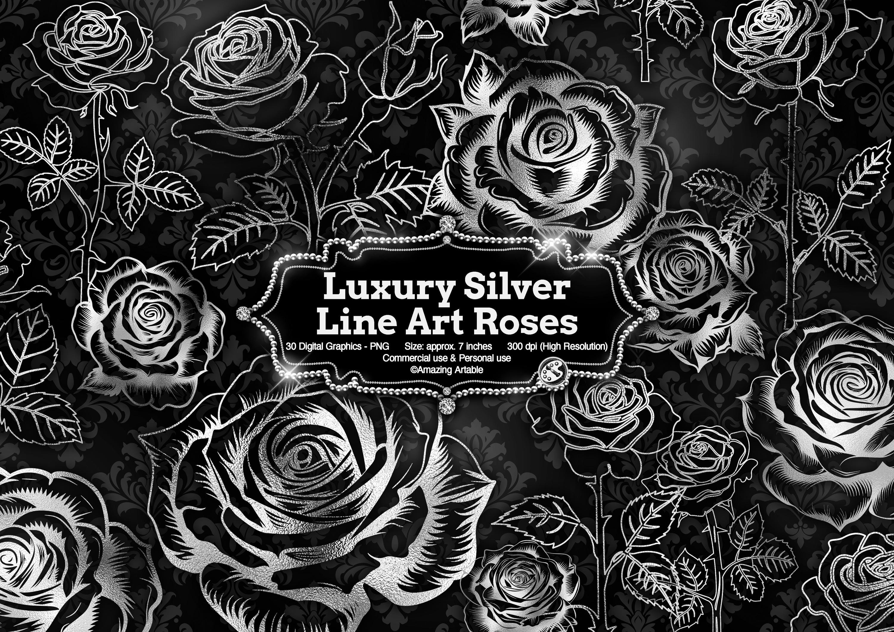 Luxury Silver Line Art Roses Clipart: Silver Rose Clipart Line Art ...