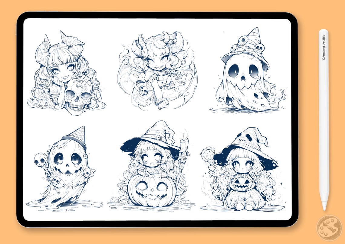 Halloween Chibi Characters Stamp Brushes: 56 Halloween Procreate Brush ...