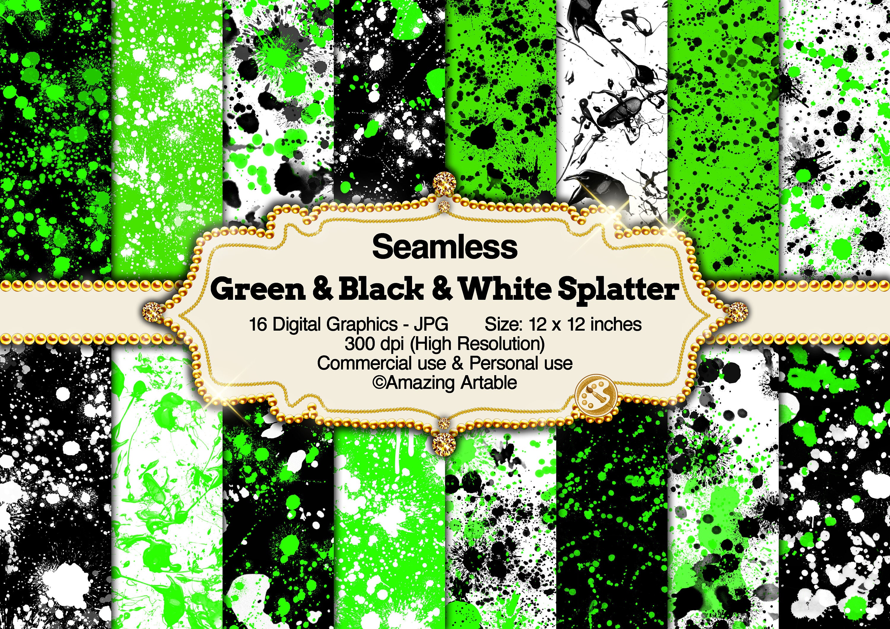 Green & Black Paint Splatter Seamless Digital Paper: Neon Green ...
