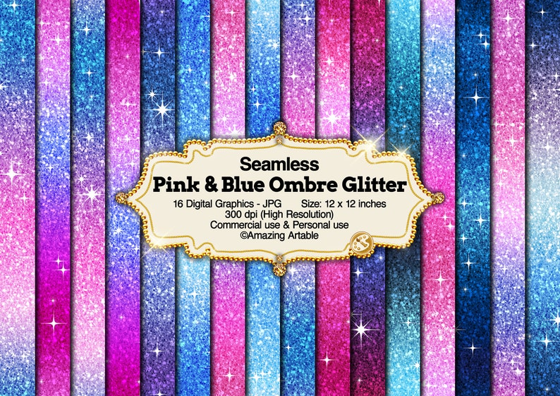 Pink & Blue Ombre Glitter Seamless Digital Paper: Shimmering Blue and ...