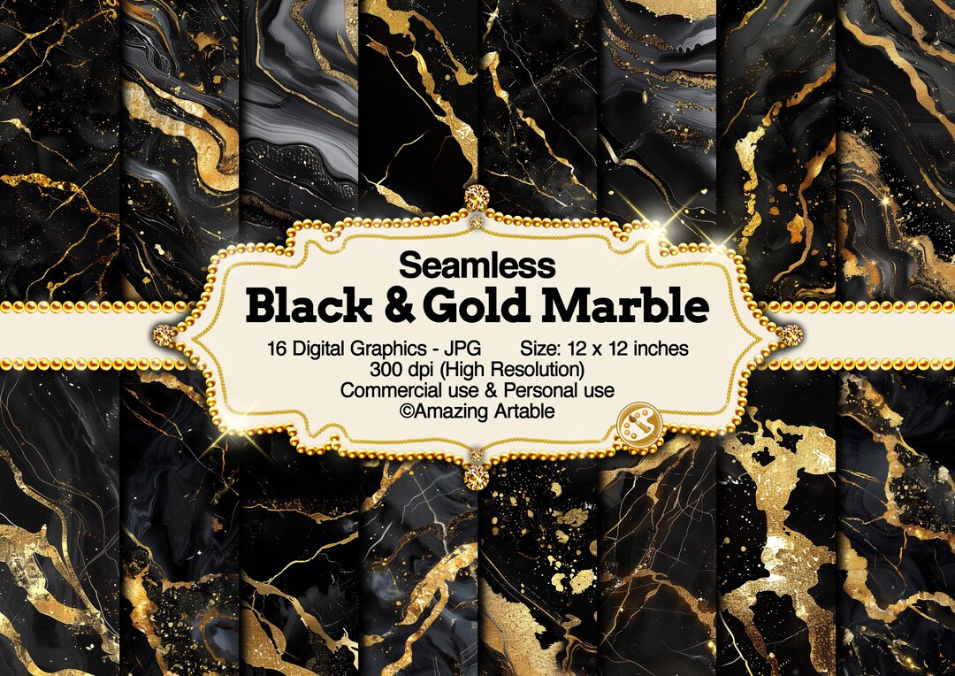Black and Gold Marble Seamless Digital Paper: Luxury Black Marble ...