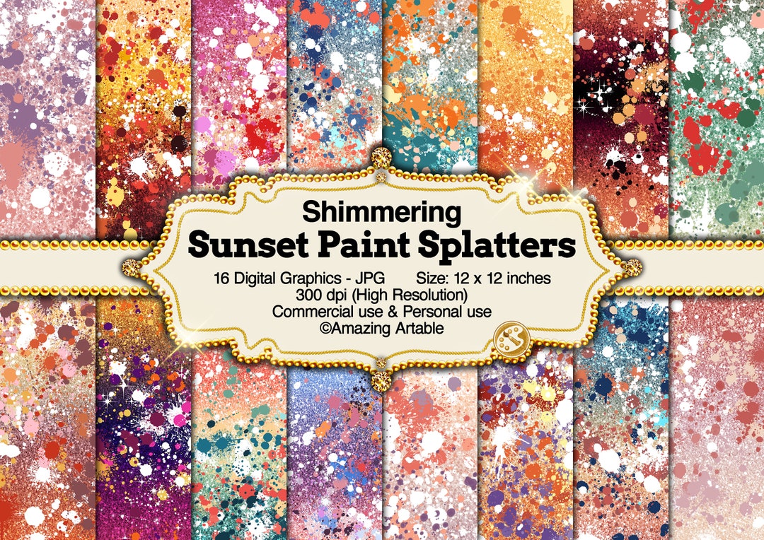 Sunset Paint Splatter Digital Paper: Shimmering Colorful Splatter ...