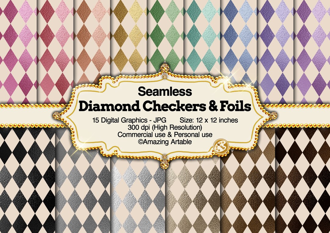 Diamond Checkers & Foils Digital Paper: Seamless Luxury Checkerboard ...