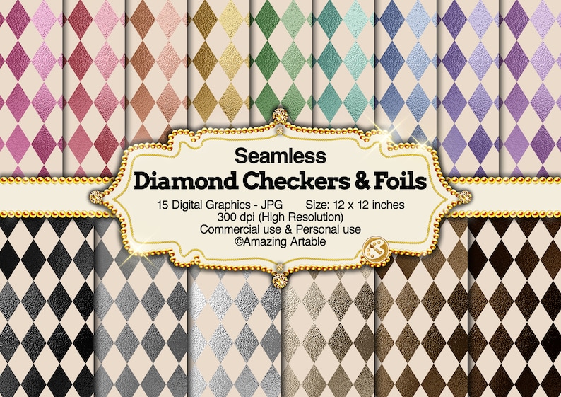 Diamond Checkers & Foils Digital Paper: Seamless Luxury Checkerboard ...