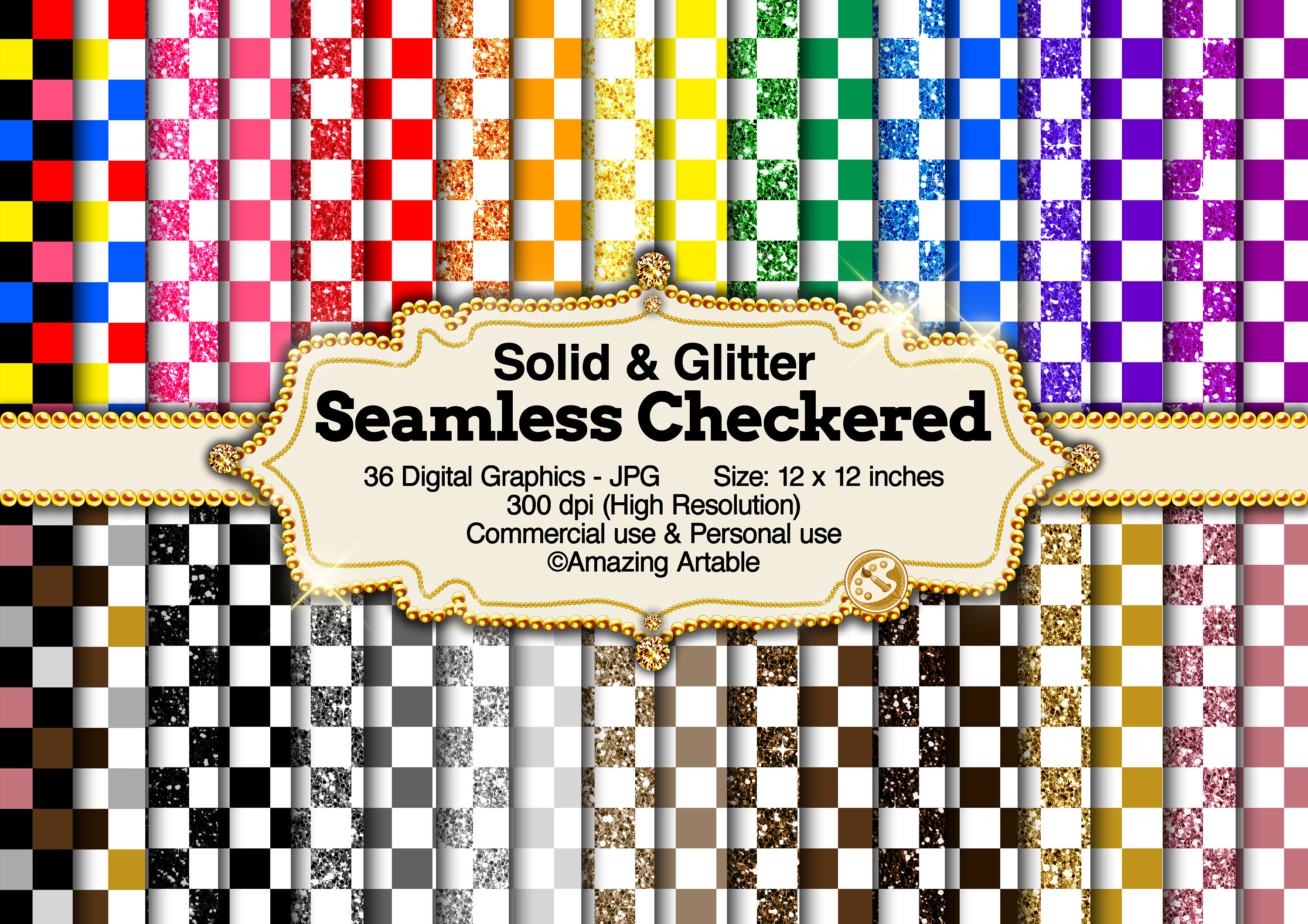 Checkered Pattern Seamless Digital Paper: Rainbow Checkerboard Digital ...