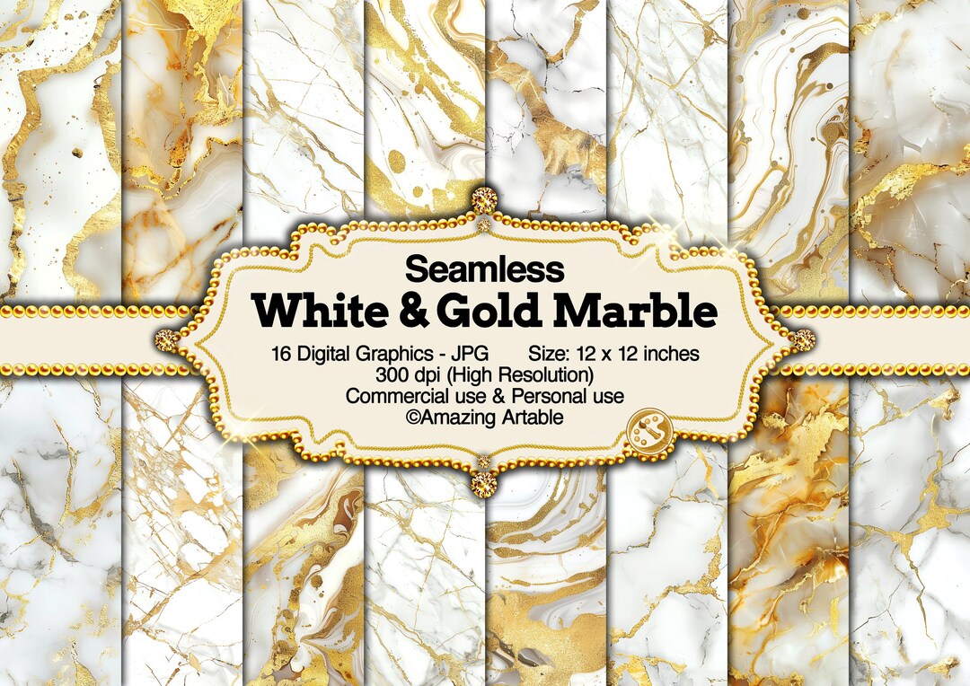 White and Gold Marble Seamless Digital Paper: Gold Marble Stone Digital ...