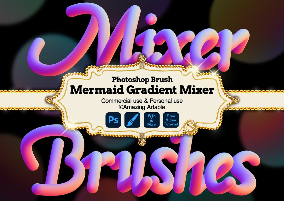 Mermaid Gradient Mixer Photoshop Brush: Holographic Ombre PS Brush Pink and Blue Ombre Photoshop ...