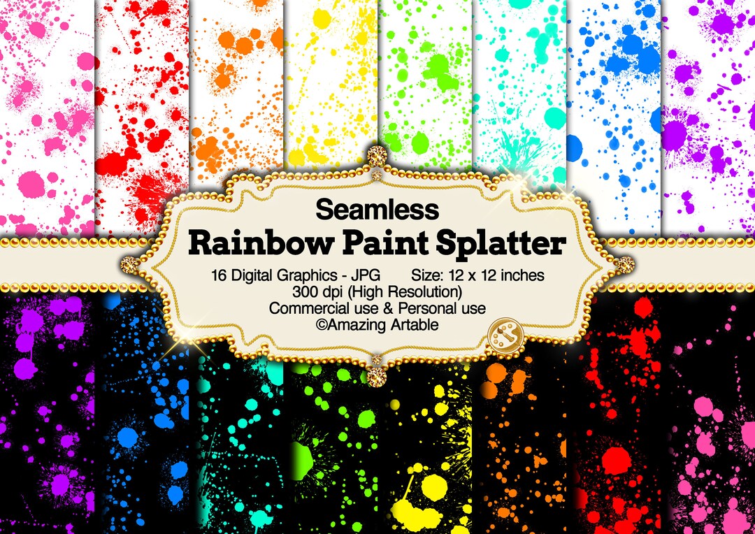 Rainbow Paint Splatter Seamless Digital Paper: Red Splatter Yellow Neon ...