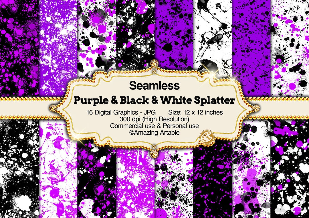 Purple & Black Paint Splatter Seamless Digital Paper: Black and White ...