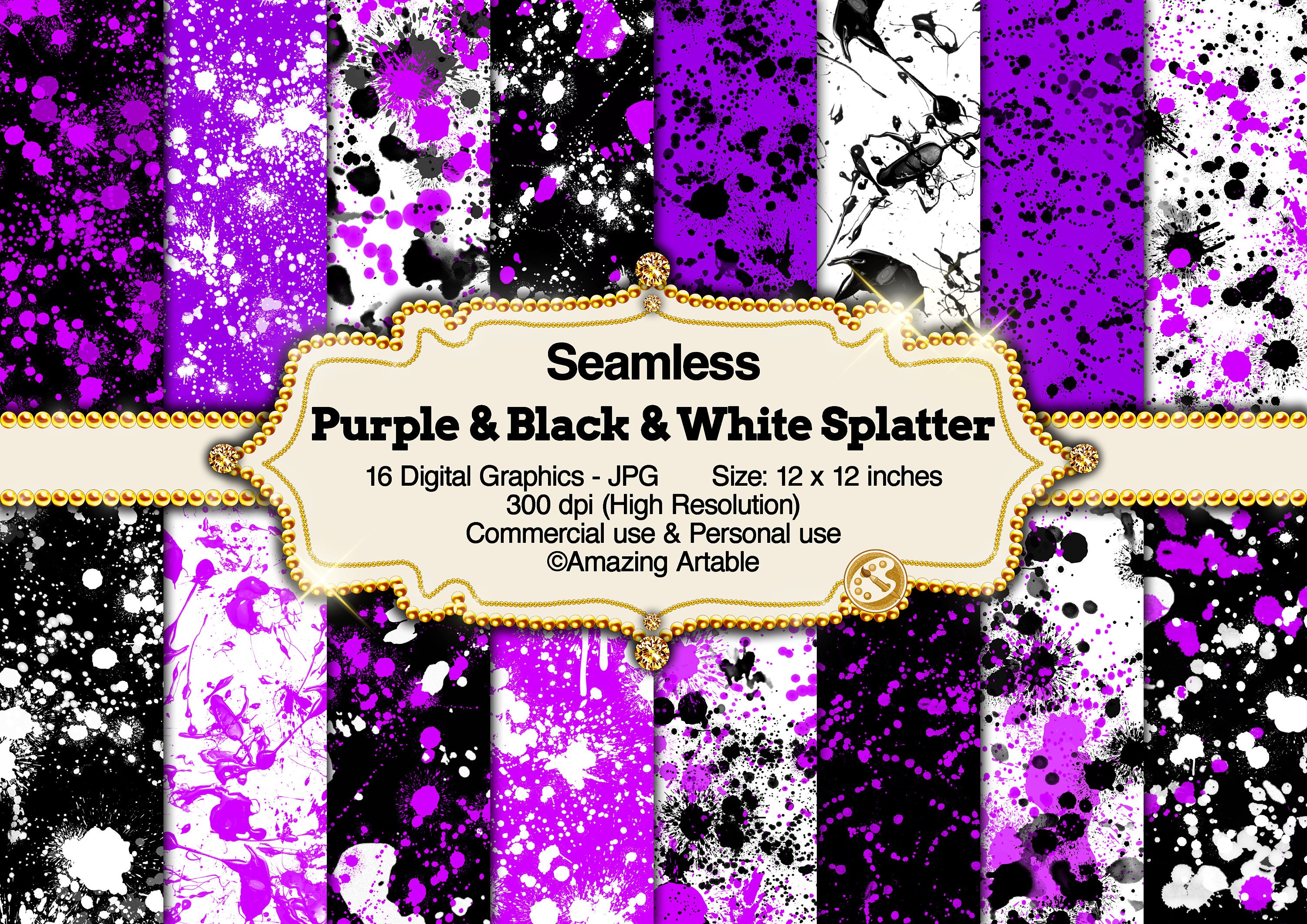 Purple & Black Paint Splatter Seamless Digital Paper: Black and White ...