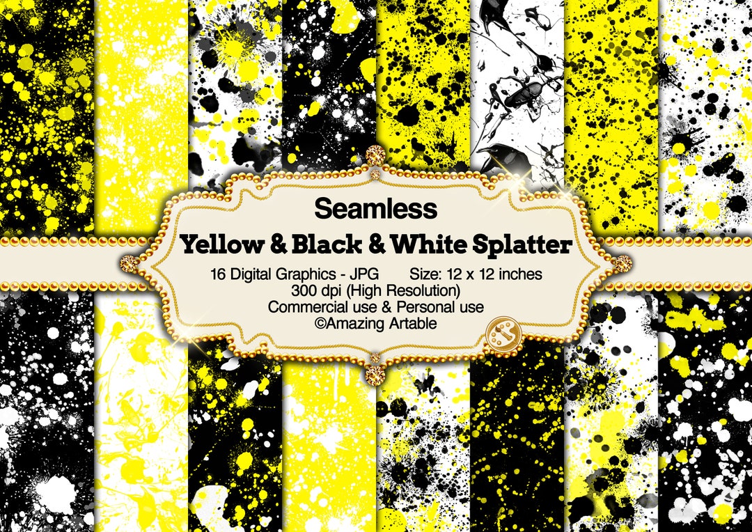 Yellow & Black Paint Splatter Seamless Digital Paper: Black and White ...