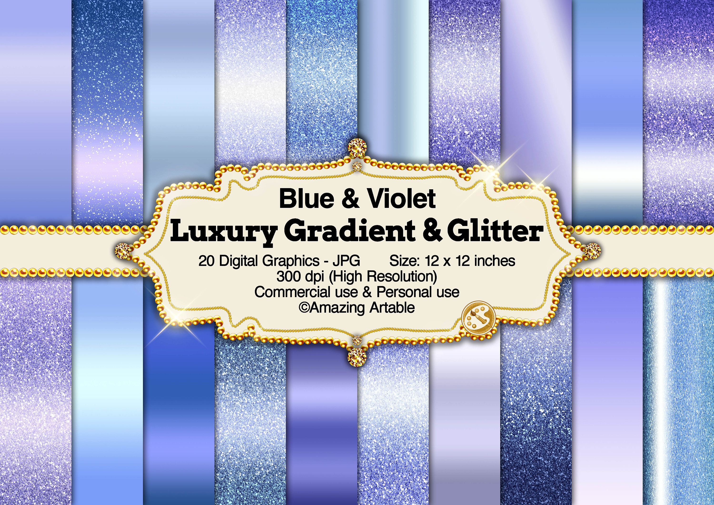 Luxury Blue and Violet Gradient & Glitter Digital Paper: High-quality ...