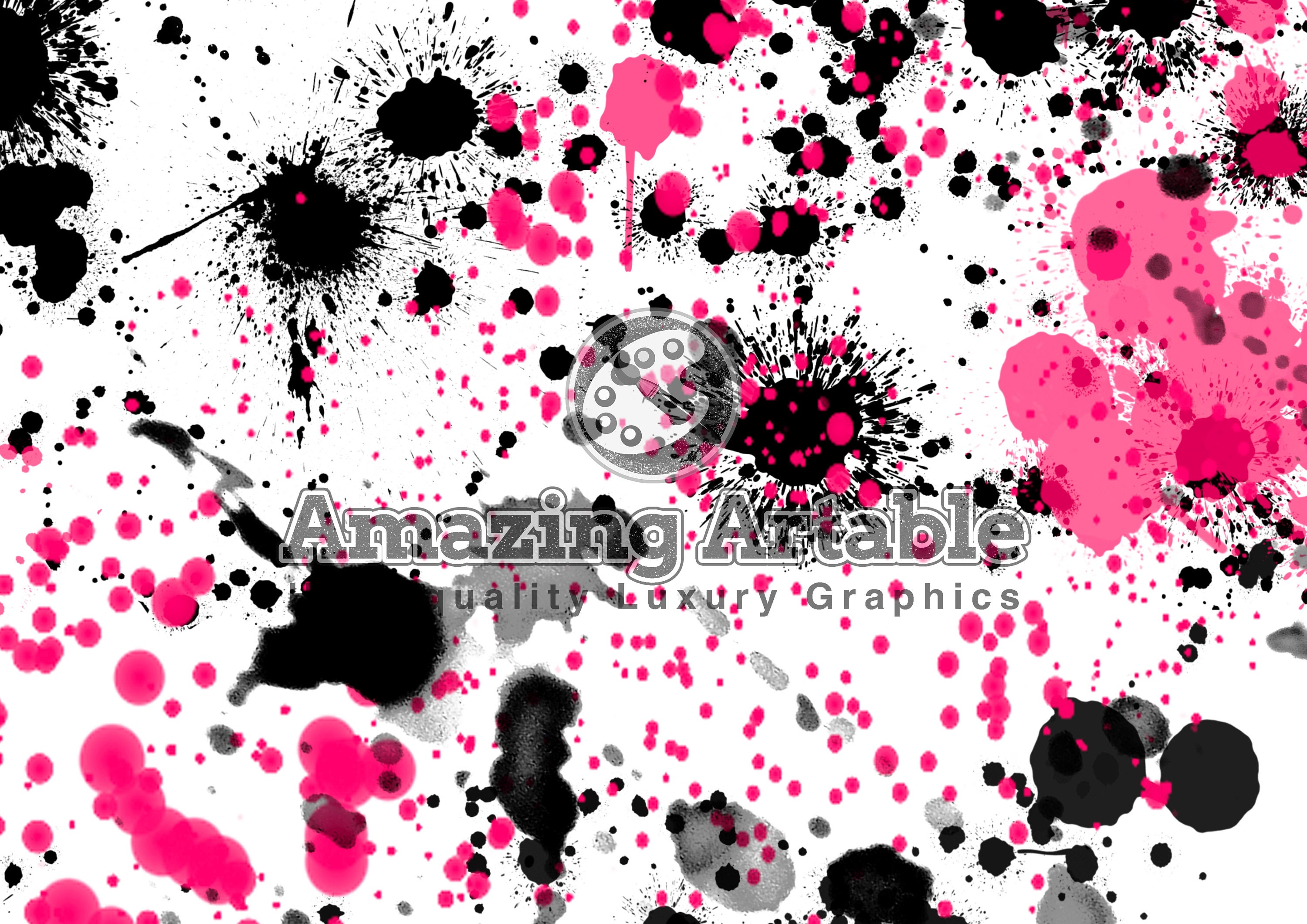 Hot Pink & Black Paint Splatter Seamless Digital Paper: Black and White ...