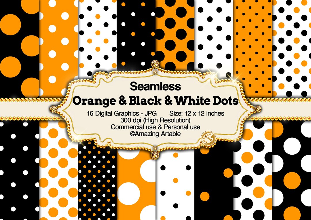Orange Black and White Dot Seamless Digital Paper: Orange Polka Dot ...
