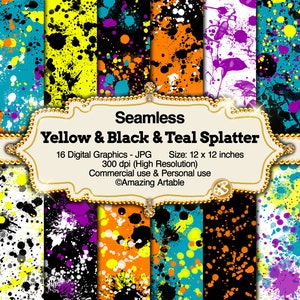Yellow & Black Paint Splatter Seamless Digital Paper: Orange Splash ...