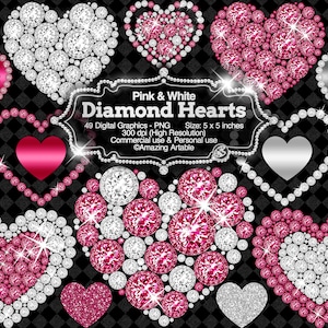 Diamond Heart Clipart: Luxury Pink and White Heart Graphic Valentine ...