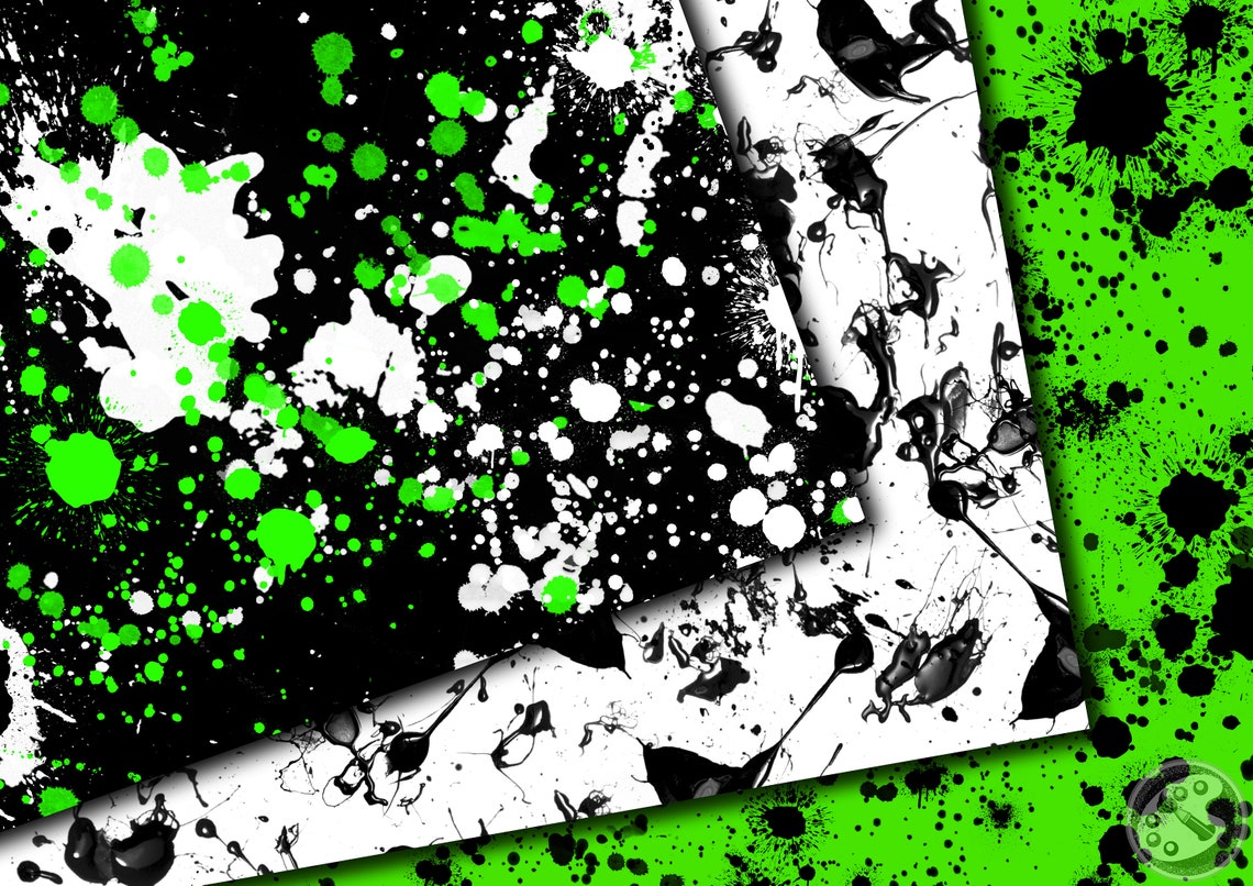 Green & Black Paint Splatter Seamless Digital Paper: Neon Green ...