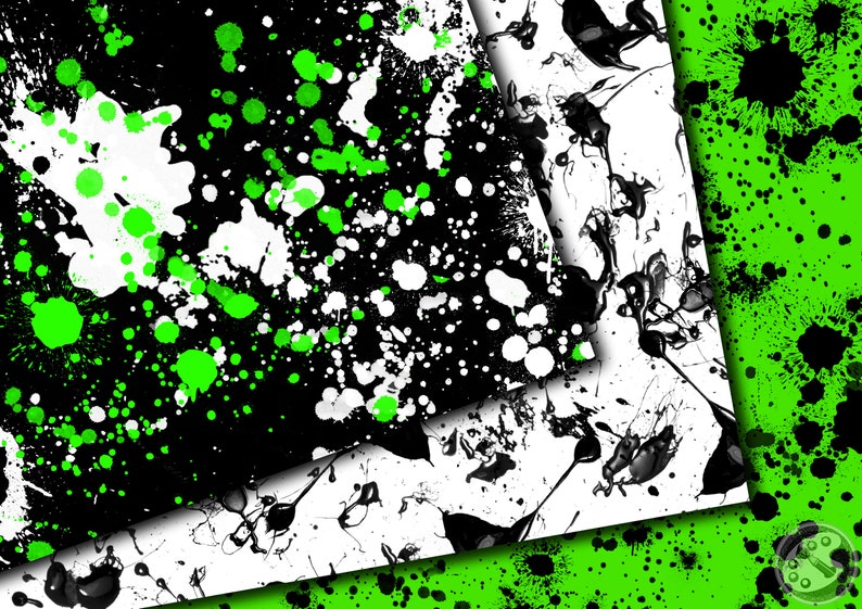 Green & Black Paint Splatter Seamless Digital Paper: Neon Green ...