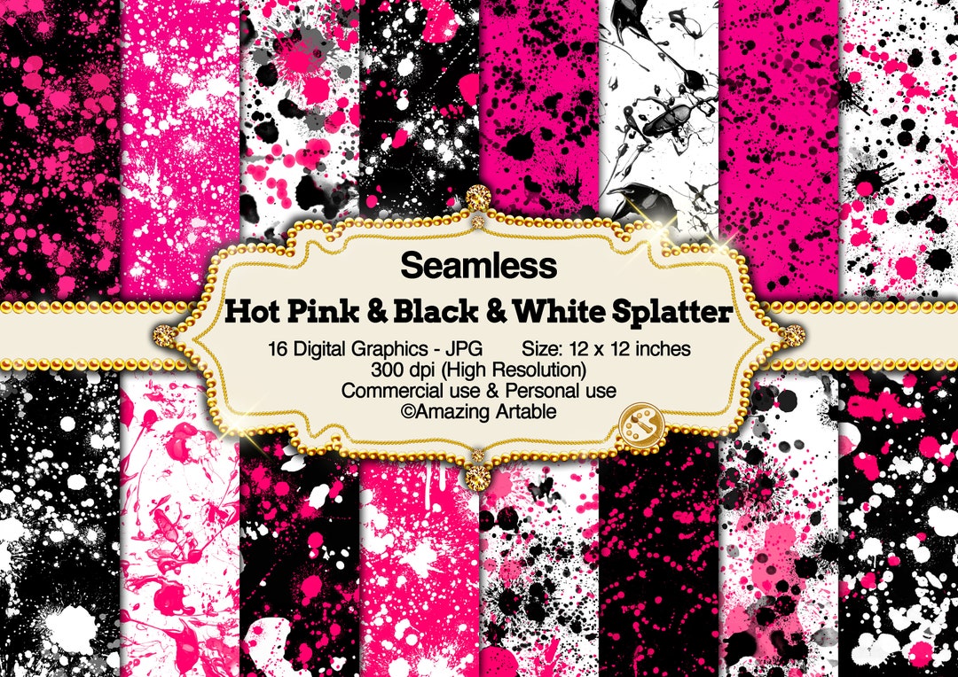 Hot Pink & Black Paint Splatter Seamless Digital Paper: Black and White ...