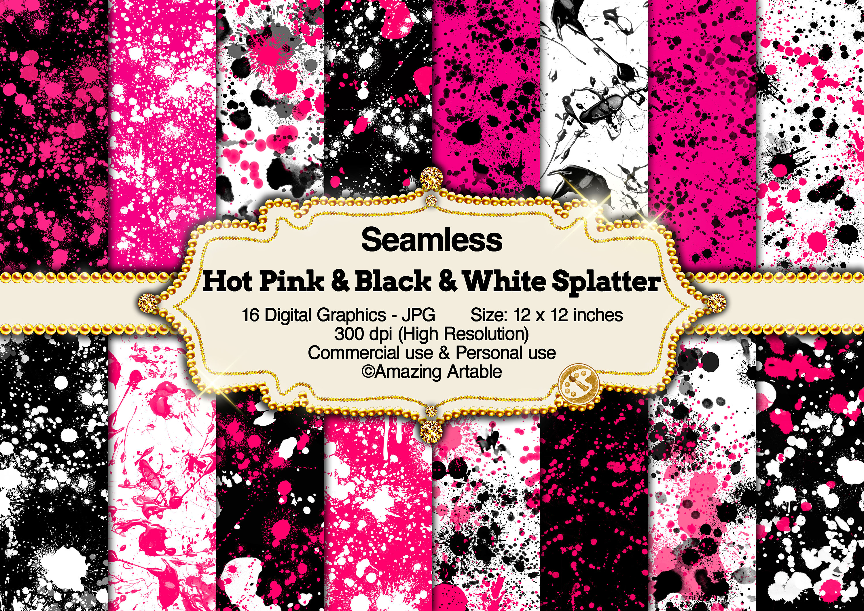 Hot Pink & Black Paint Splatter Seamless Digital Paper: Black and White ...