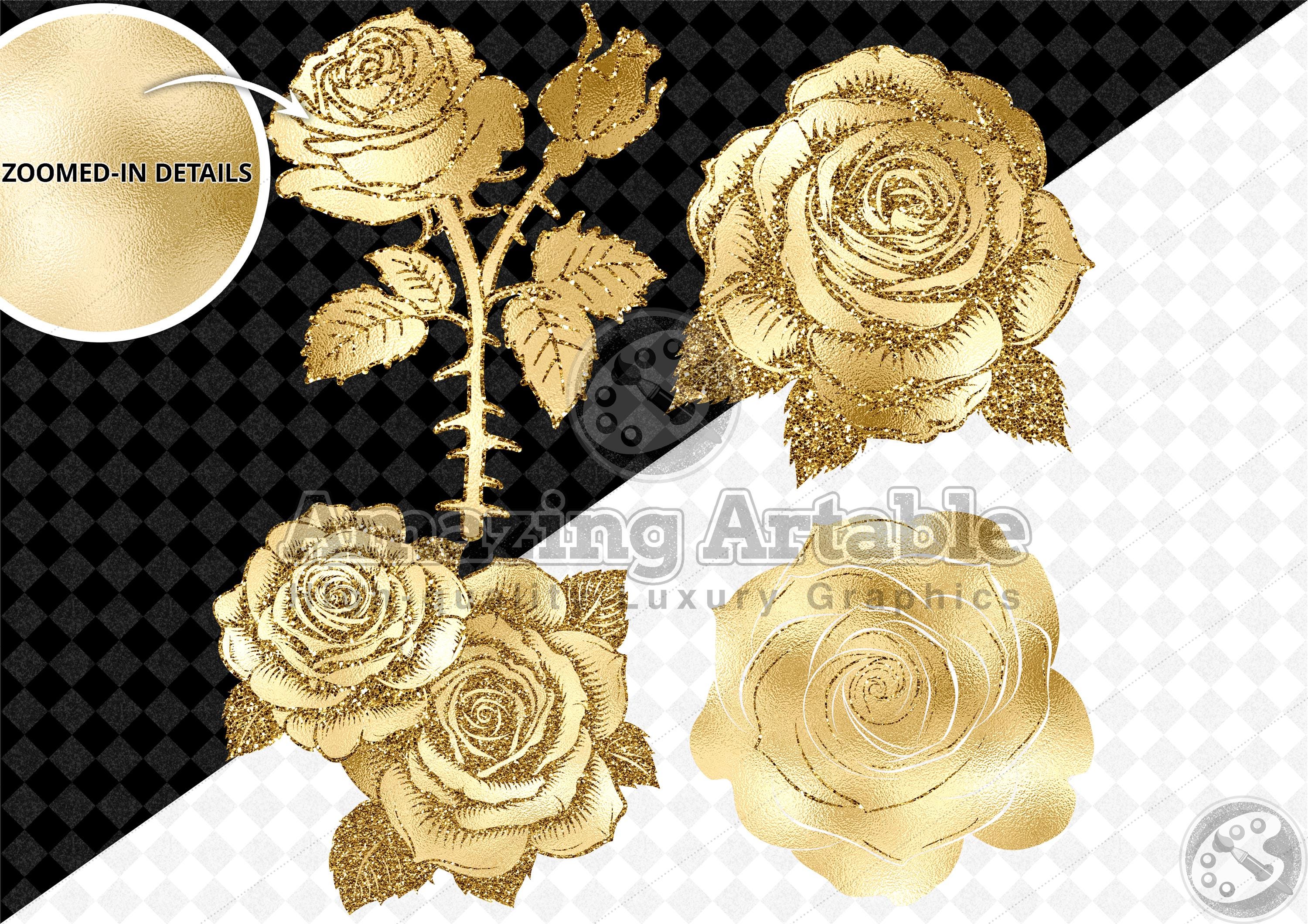 Gold Foil Roses Clipart: Luxury Gold Rose Clip Art Sparkle Floral ...