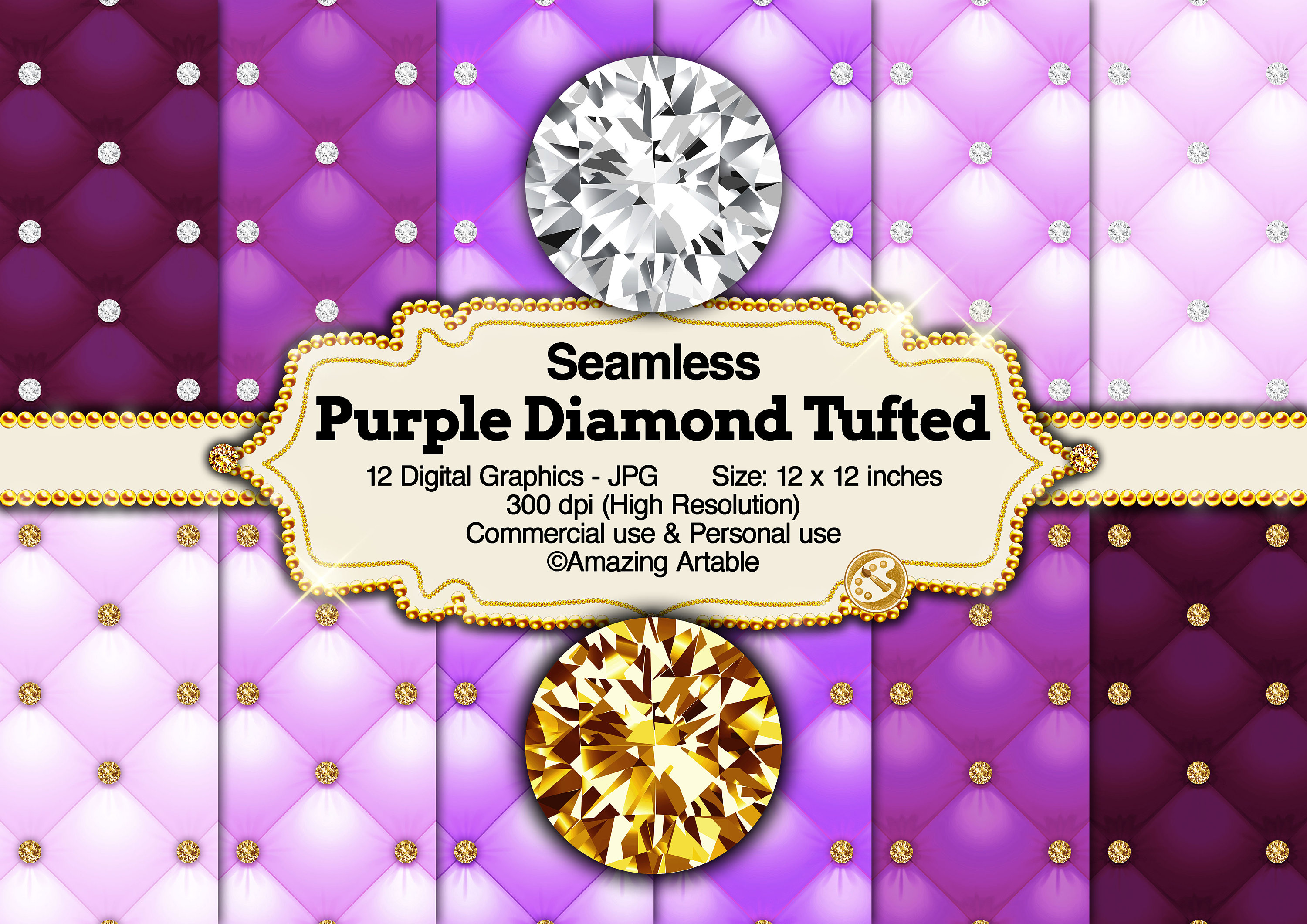 Purple Diamond Tufted Digital Paper: Luxury Seamless Diamond Background ...
