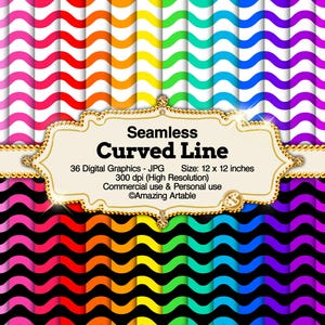 Curved Line Seamless Digital Paper: Bright Rainbow Line Digital Paper ...