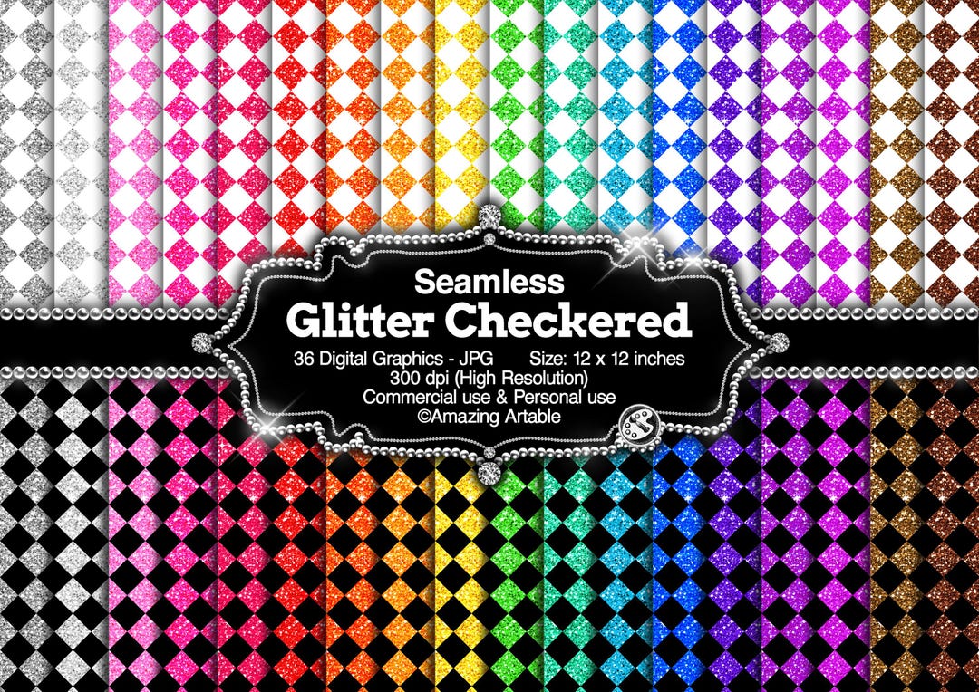 Glitter Diamond Checkerboard Seamless Digital Paper: Bright Rainbow ...