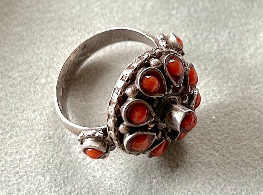 Handmade Coral Sterling Silver Ring: Floral Jaipur Design, Size 8 - Etsy