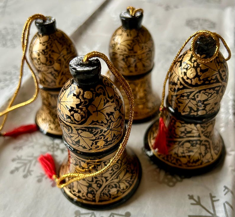 Handmade Papier-mâché Christmas Bell Ornament: Black and Gold Floral ...