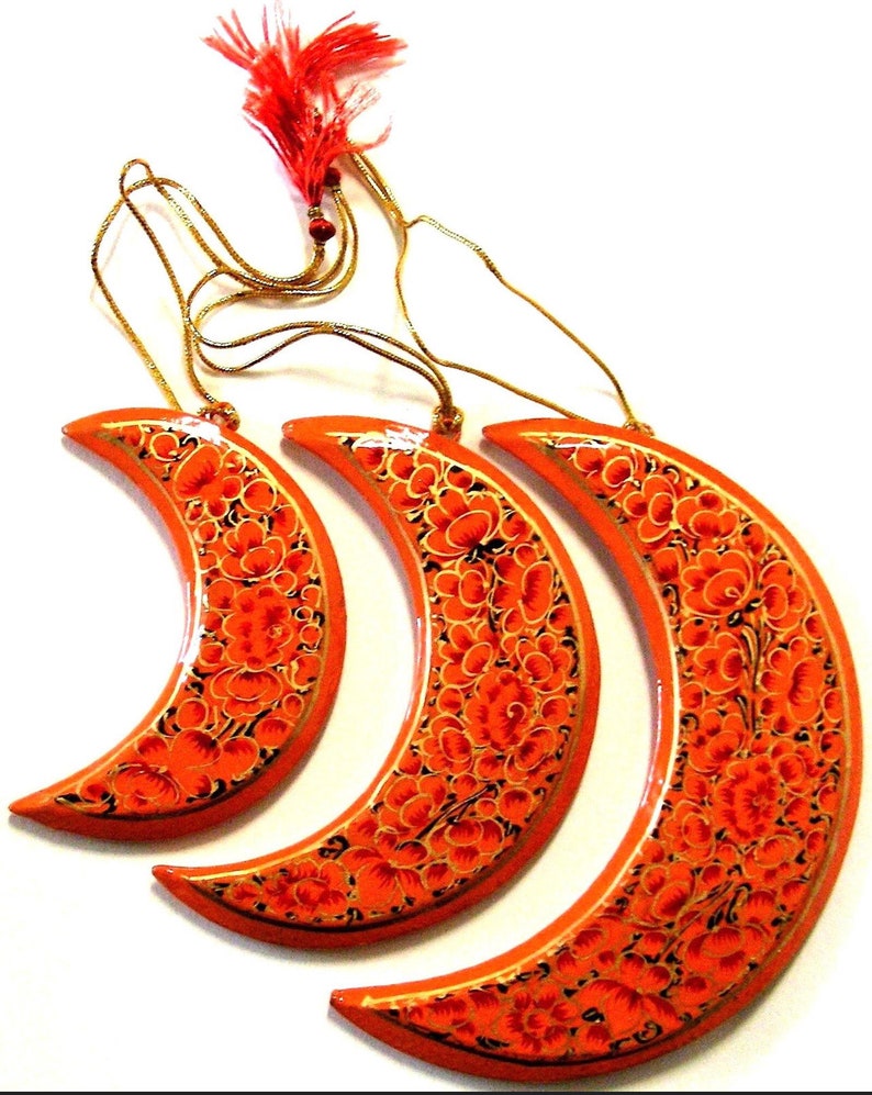 Handmade Papier-mâché Crescent Moon Christmas Ornaments: Floral Kashmir ...