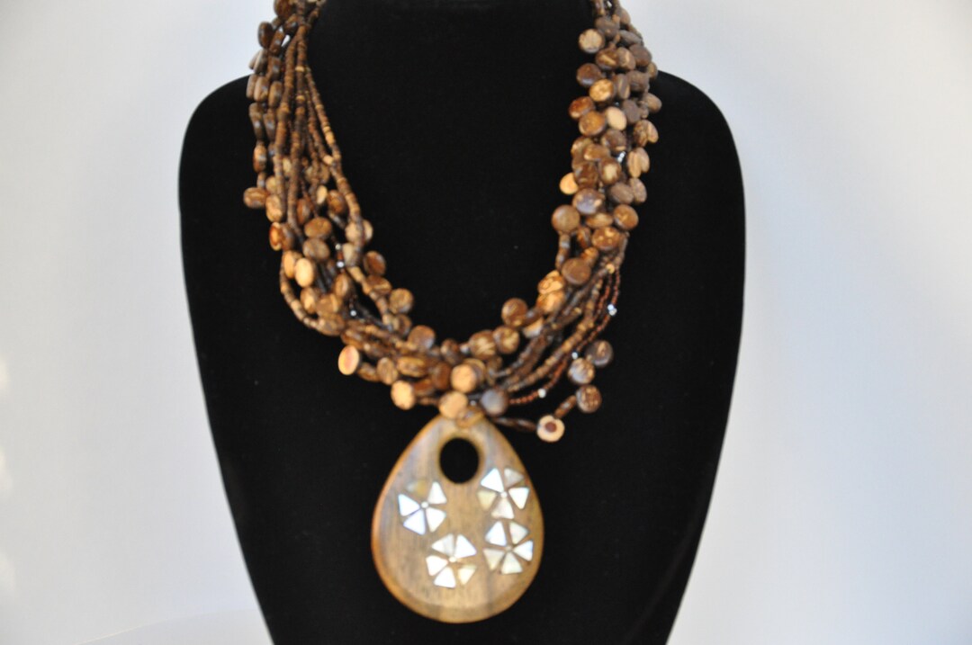 Gorgeous Handmade 9 String Bunched Natural Wooden Necklace and Pendant ...