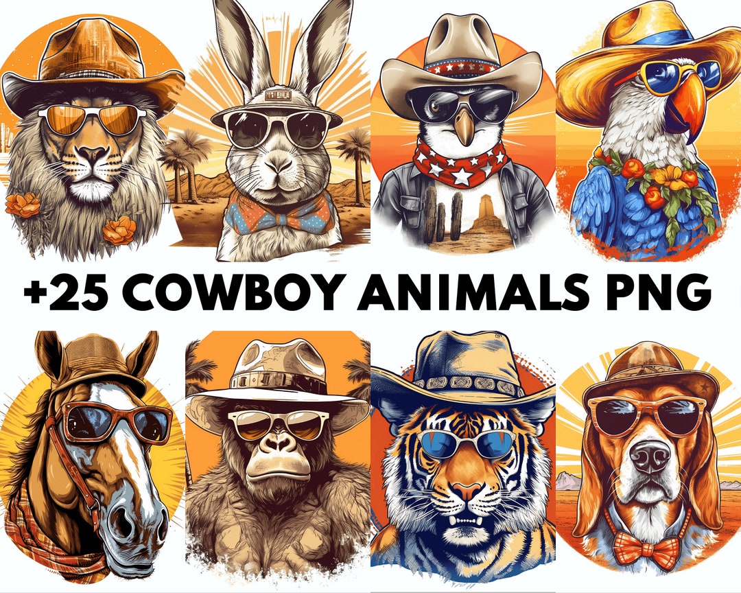Safari Cowboy Animals Watercolor Clipart: 25 PNG Designs (digital ...