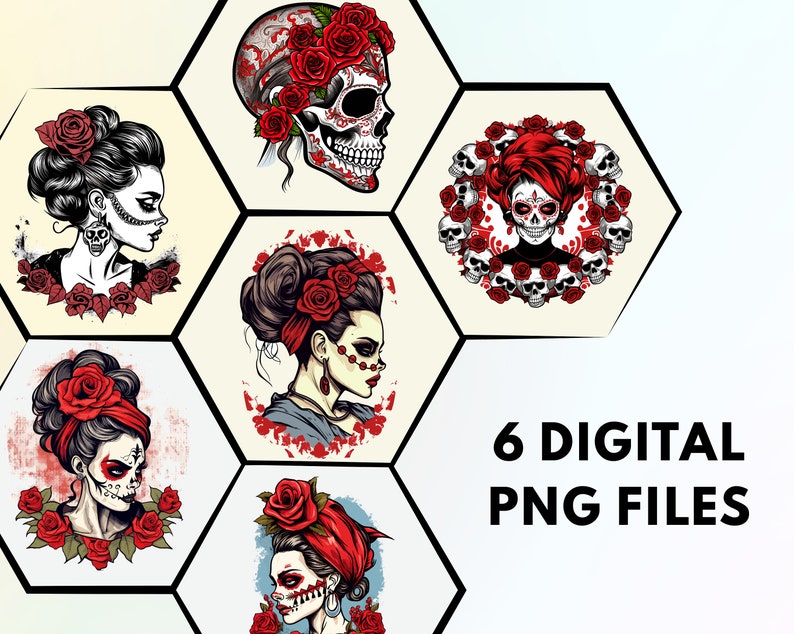 6 Sugar Skull Girls Svg Png Bundle Png Clip Art Downloadable Digital Art Images Day Of The