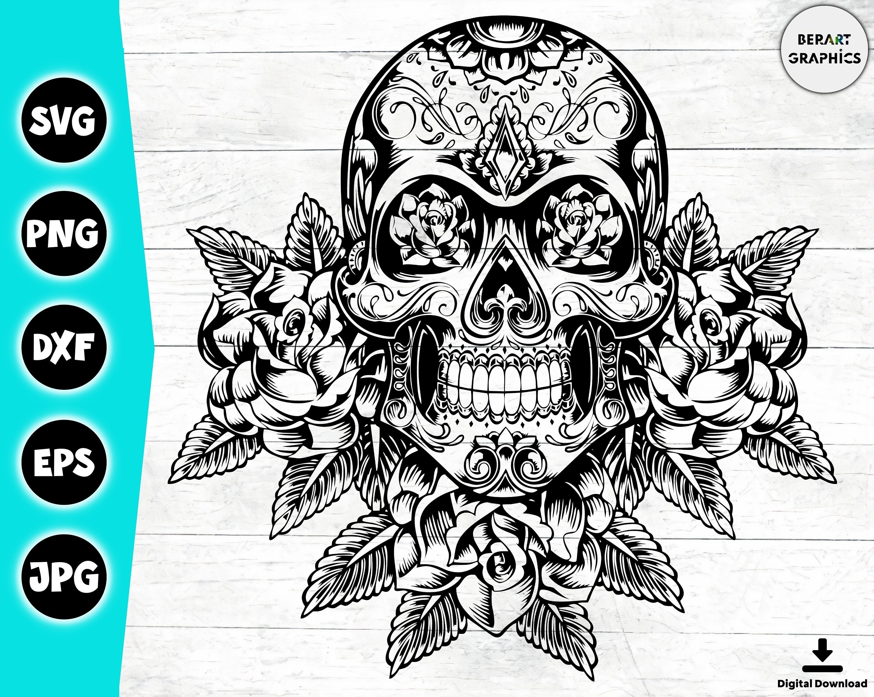 Skull and Roses SVG, Skull With Flowers SVG, Skull Vector, Skull Cricut ...