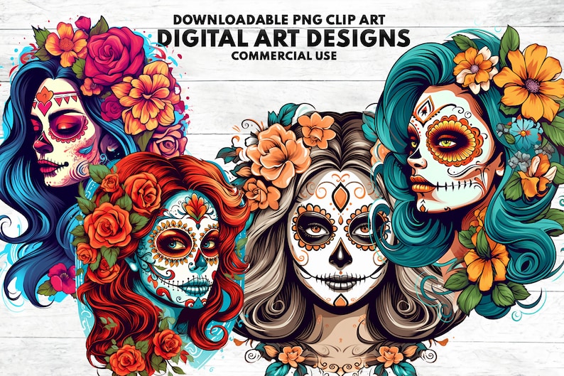 25 Sugar Skull Girls Png Bundle, PNG Clip Art Downloadable Digital Art ...